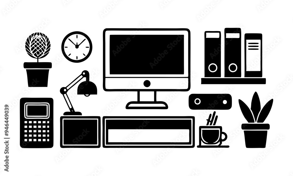 Download Set Of Computer Icons, Office Objects And Office Desk ,Table ...
