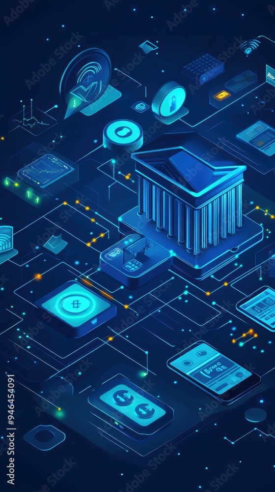 The artwork depicts a complex financial ecosystem showcasing digital ...