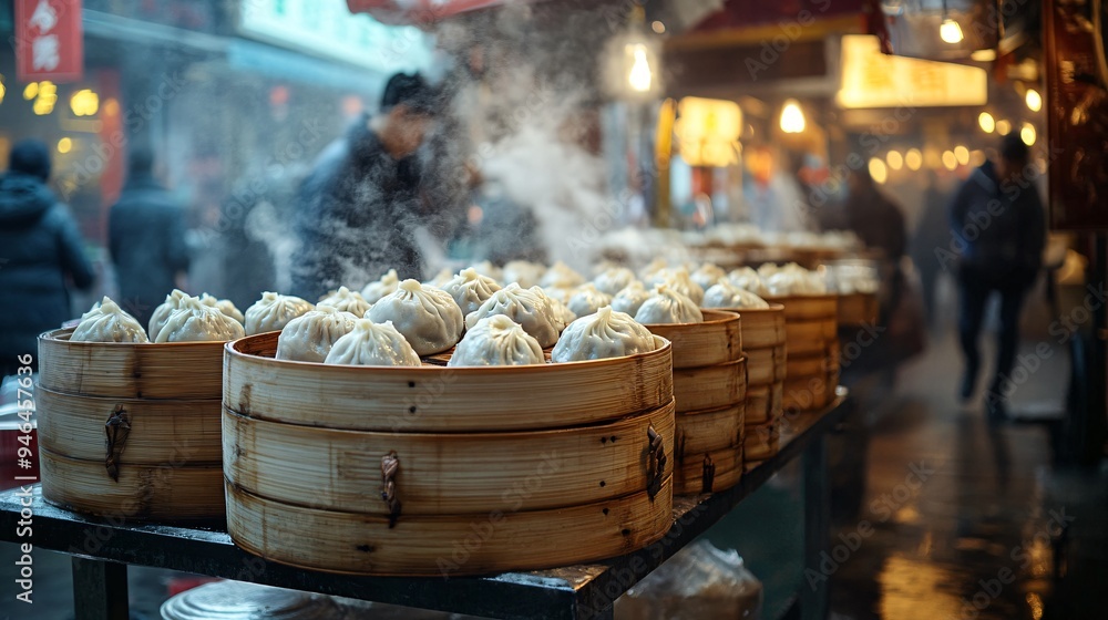 A traditional Chinese food market stall selling fresh dumplings, baozi ...