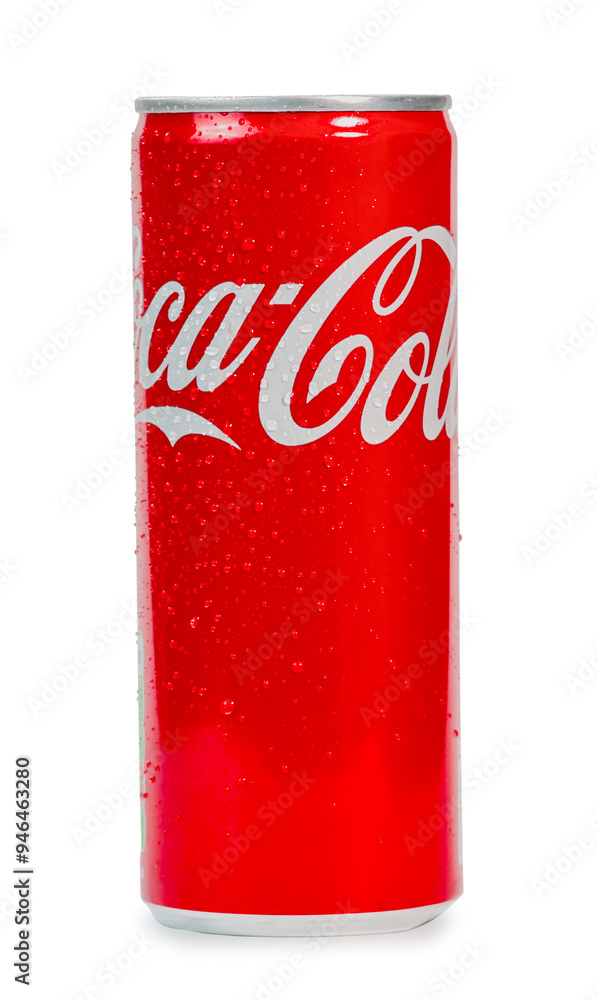 Classic Coca Cola can opened with water drops isolated clean cut ...