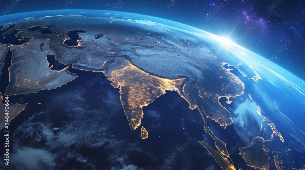 Satellite View of Earth from Space at Night, Highlighting City Lights ...