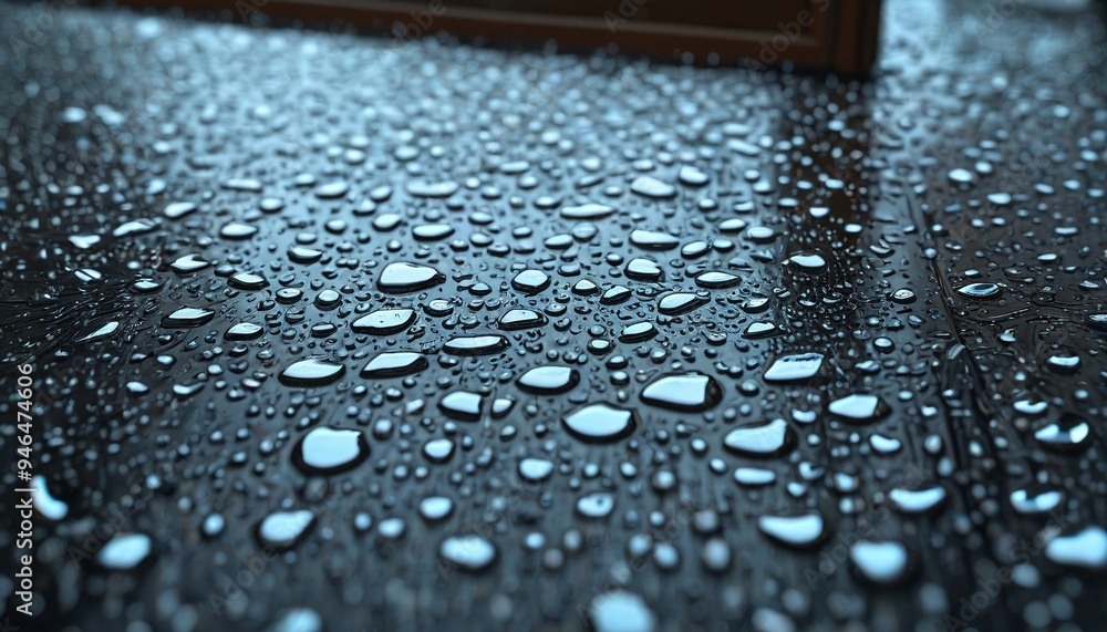 A close-up of raindrops hitting a windowpane and spreading outwards ...