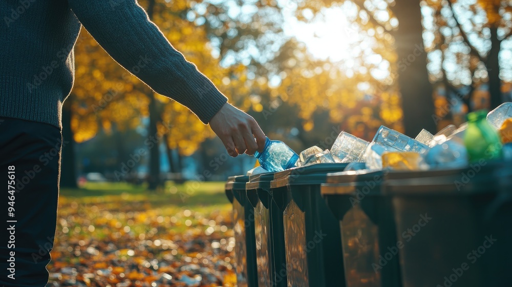 A person using a recycling bin in a park, contributing to a net zero ...