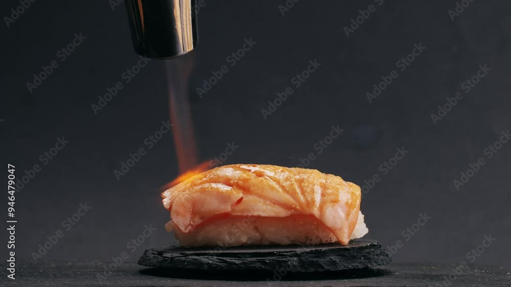 Chef cooking Sashimi Nigiri Platter with flambe fire, japanese sushi ...