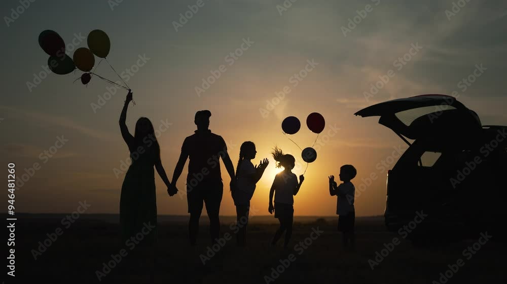 Family enjoying freedom sunset. Family with car and balloons in nature ...