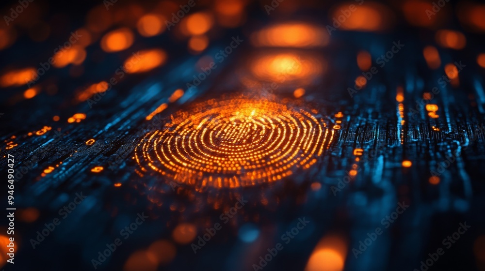 Holographic symbols representing identity verification are illuminated ...