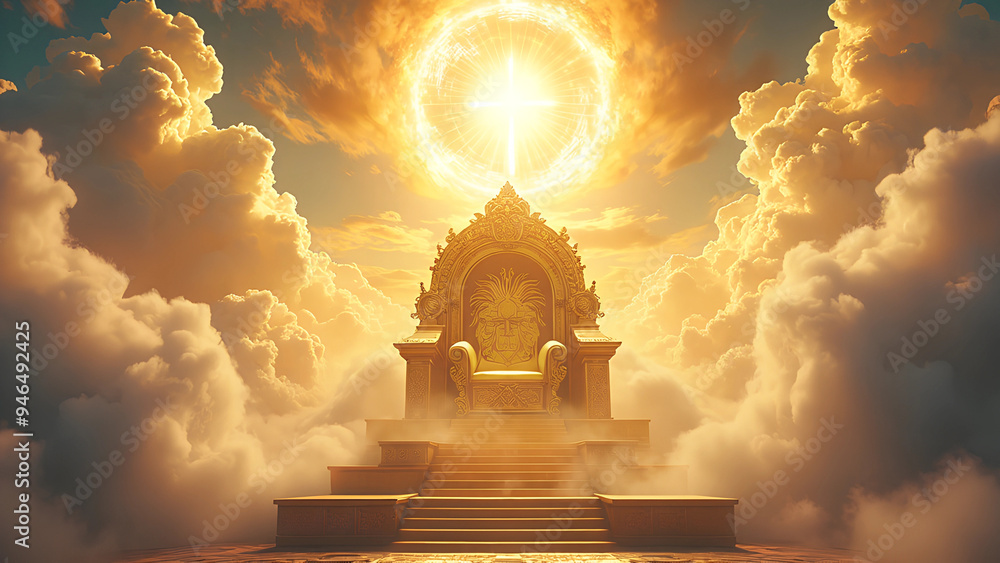 Majestic golden throne of god in heaven in the sky surrounded white ...