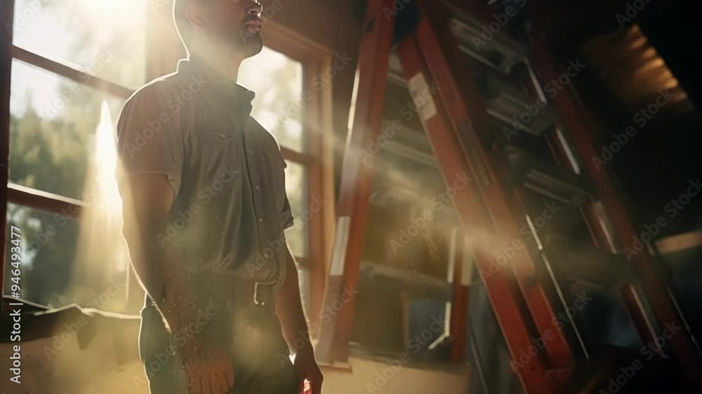 Construction worker taking a break inside a house under construction ...