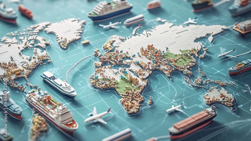 Isometric view of a global human logistics map with planes, cars ...