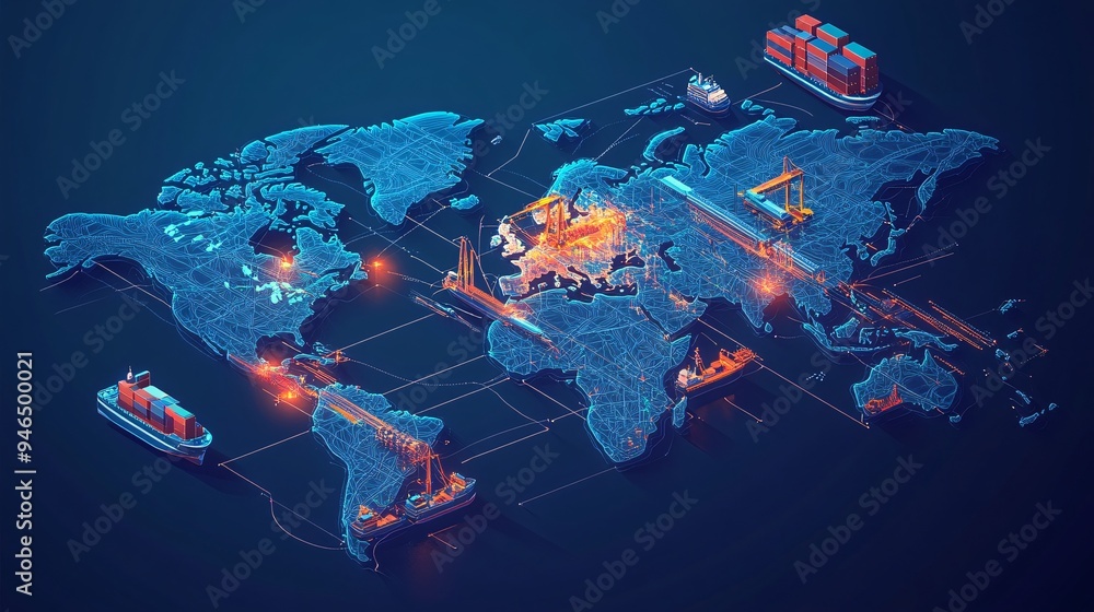 Isometric world map with transportation routes for air cargo, trucks ...