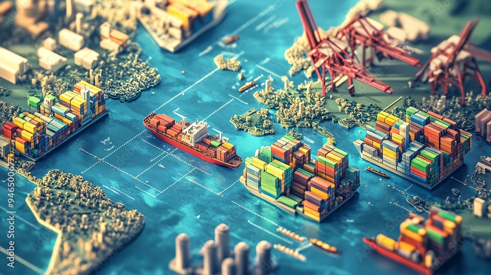 Isometric logistics map with cargo planes, trucks, and ships, showing ...