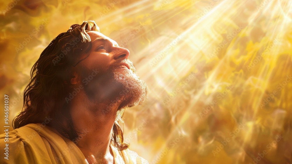 Realistic photo of jesus radiating health and light, embodying serenity ...