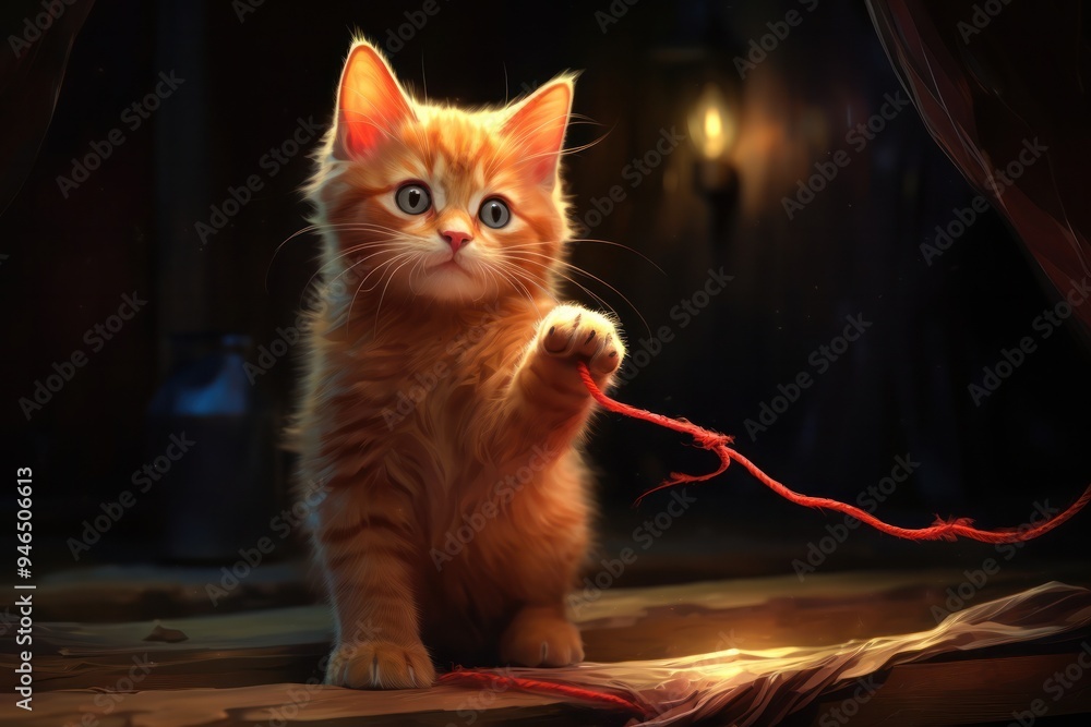 Red kitten reaching out with its paw towards a piece of string, with ...