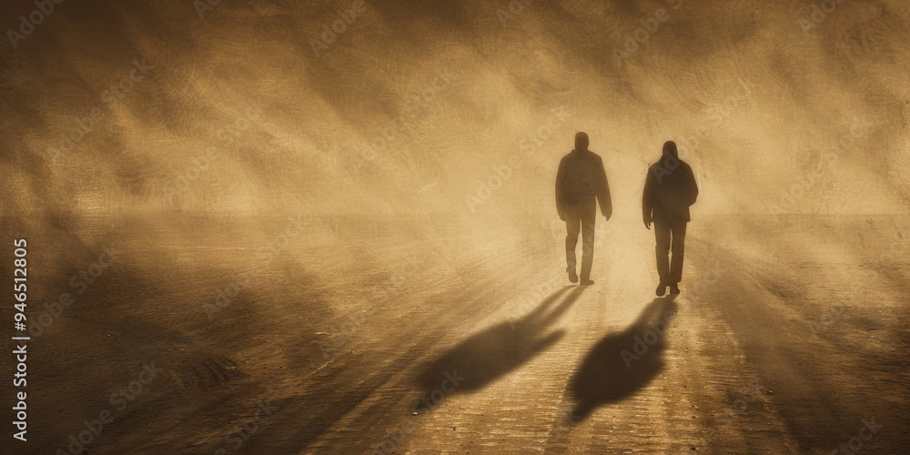 The Road to Emmaus - Two figures walk along a dusty road, their backs ...