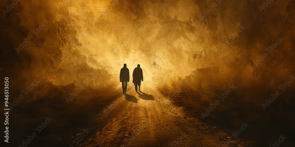 The Road to Emmaus - Two figures walk along a dusty road, their backs ...
