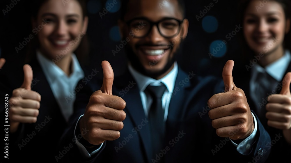 A diverse group of professionals smiling and giving thumbs up in a ...