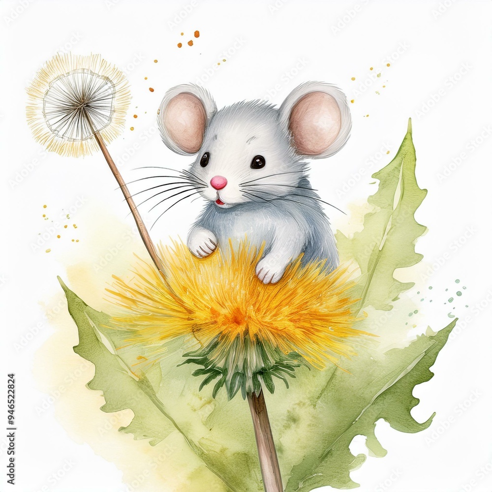 cute little mouse flying on the dandelion, hand drawn clipart, children ...