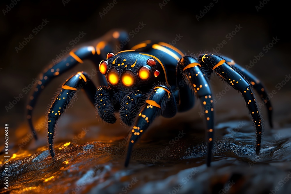 Spider and the eerie glow of its eyes, depicted in an artwork where the spider's eyes are the ...