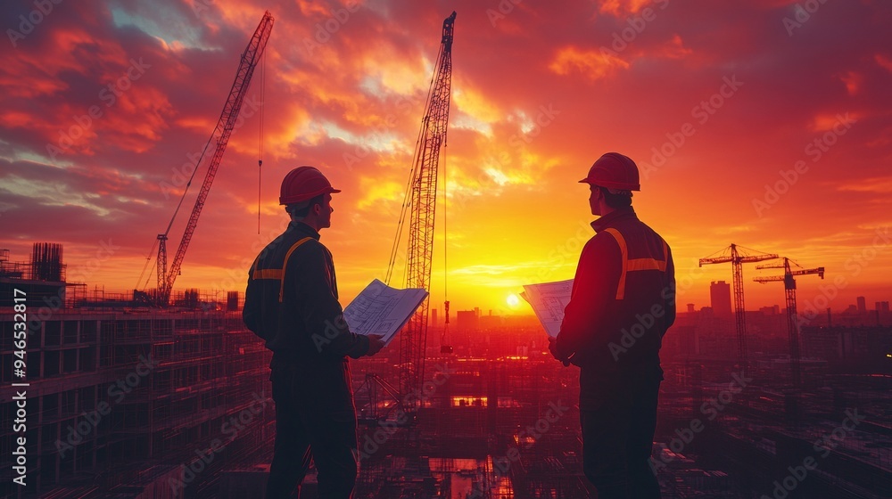 engeneers are discussing bridge construction, one men hold blueprints ...