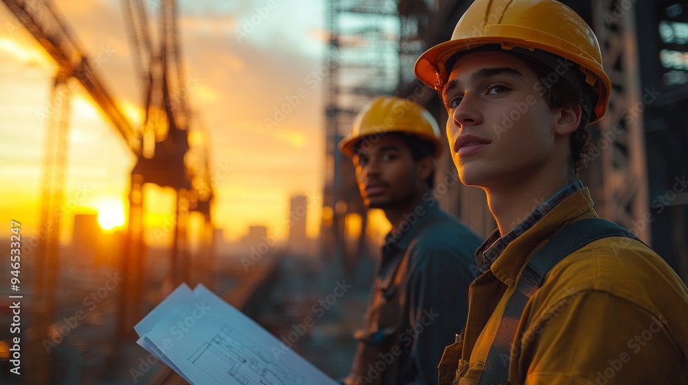 engeneers are discussing bridge construction, one men hold blueprints ...