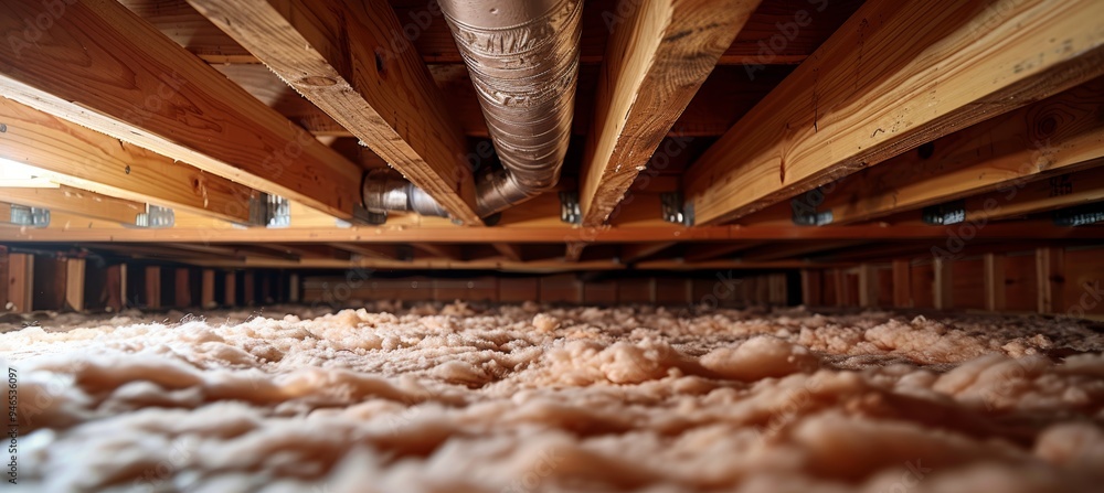 Detailed perspective of a crawl space featuring exposed beams, ducts ...