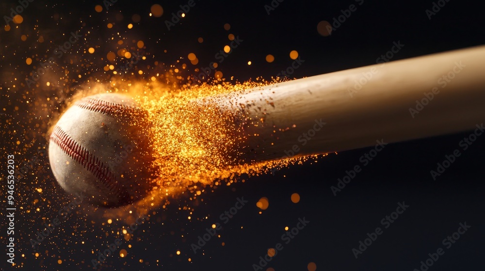 Slow-motion capture of a baseball bat smashing a ball, igniting a trail ...