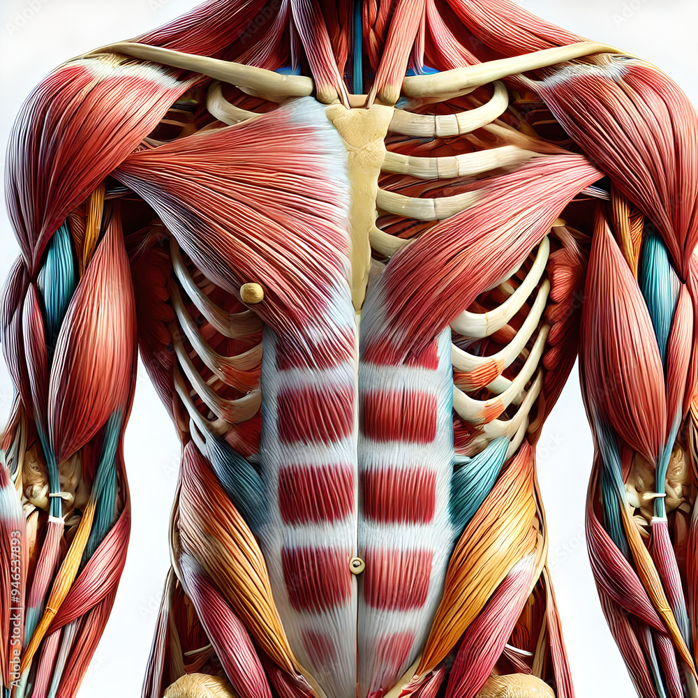 3D anatomical showing major muscle groups of the human body, including ...