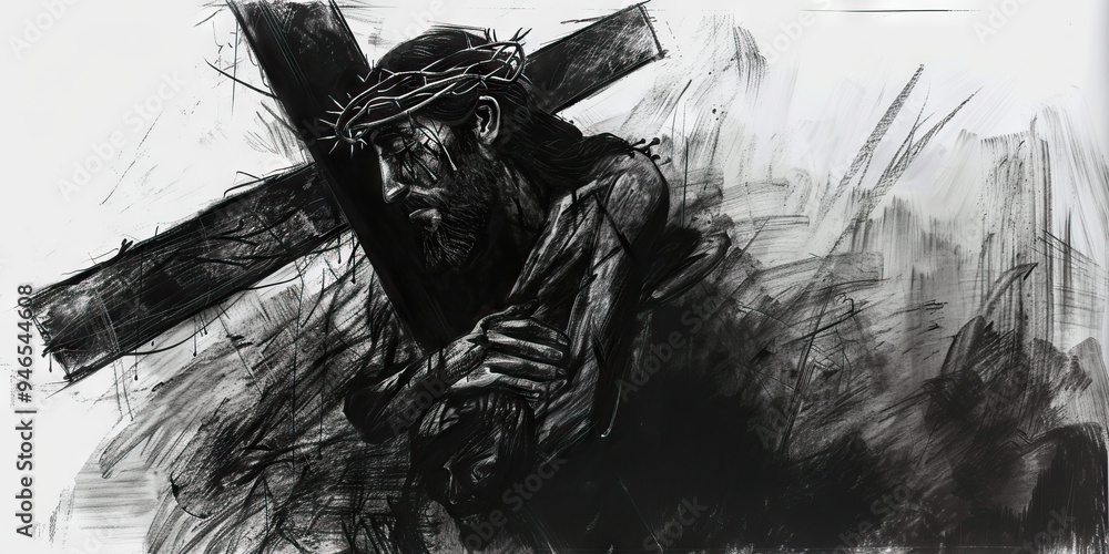 A somber charcoal drawing of Jesus carrying the cross, conveying the ...