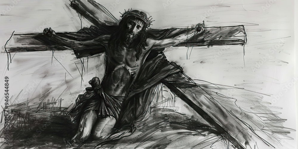 A somber charcoal drawing of Jesus carrying the cross, conveying the ...