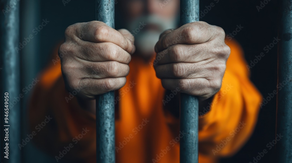 A person grips the bars of a prison cell tightly, wearing an orange ...