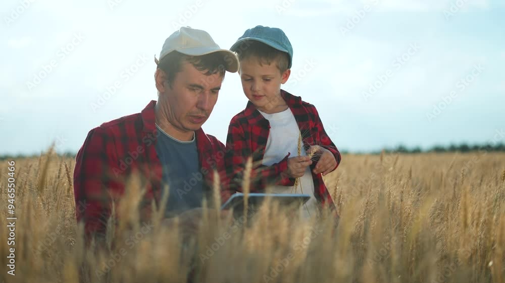Father and son inspect wheat field. Family checking wheat harvest ...