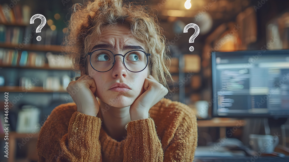 Contemplative Person Gazing Quizzically at Computer Display with ...