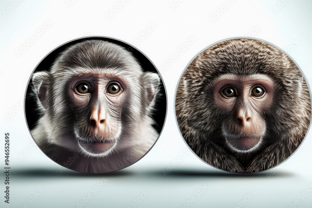 Two different species of monkey faces in round frame. Primates, mammals ...