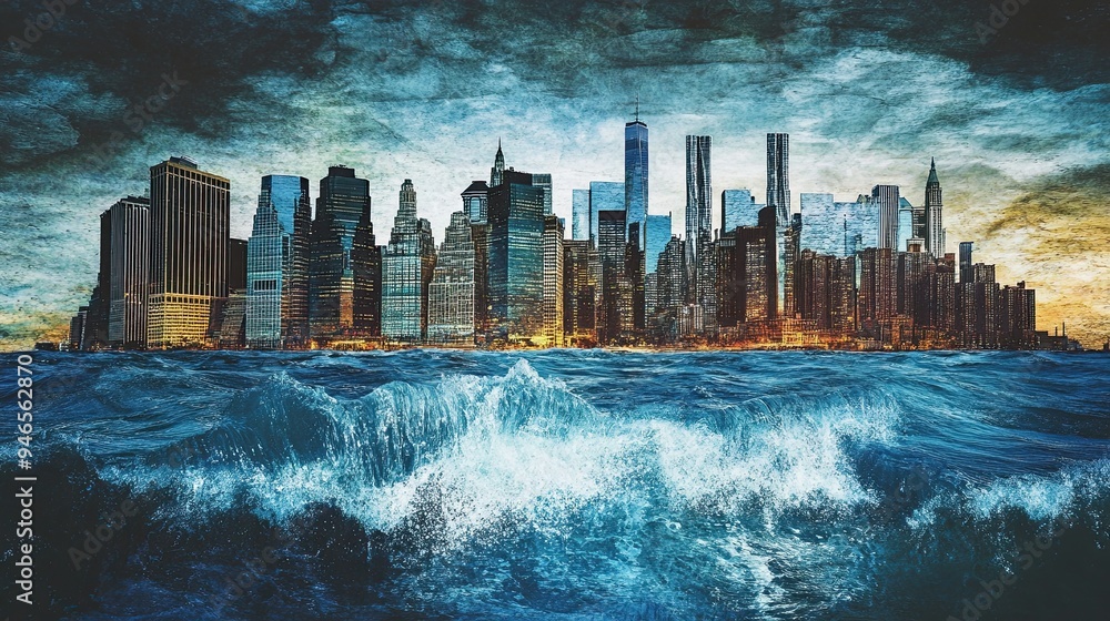Artistic collage showing rising sea levels engulfing urban areas to ...