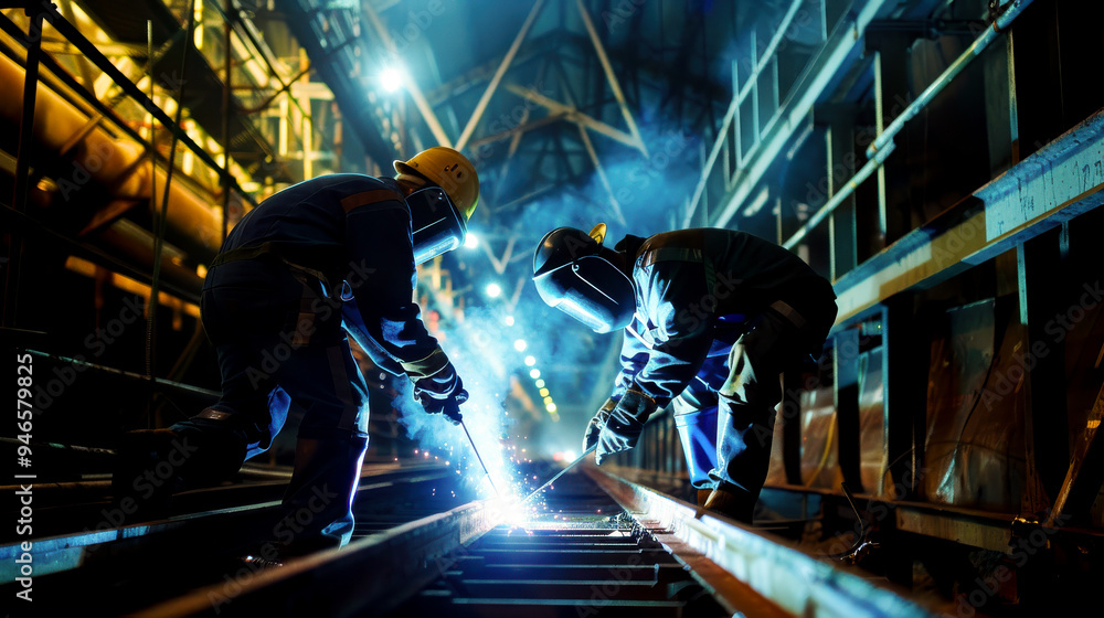 Welders Working on a Large Construction Project. Two welders wearing ...