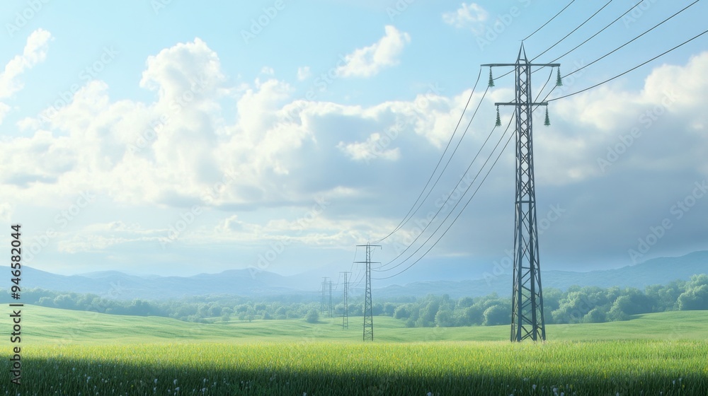 A power line crossing through a rural landscape with electric poles ...