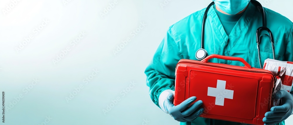 Clipart of a paramedic holding a first aid kit, standing ready in an ...