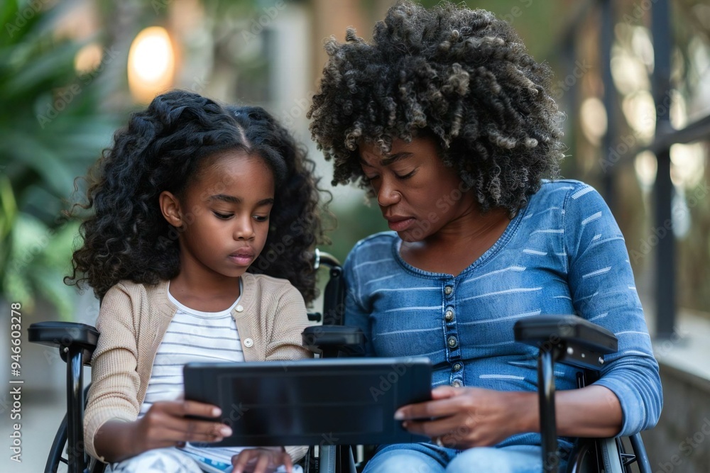 Mother and daughter bonding over a tablet, showcasing inclusivity and ...
