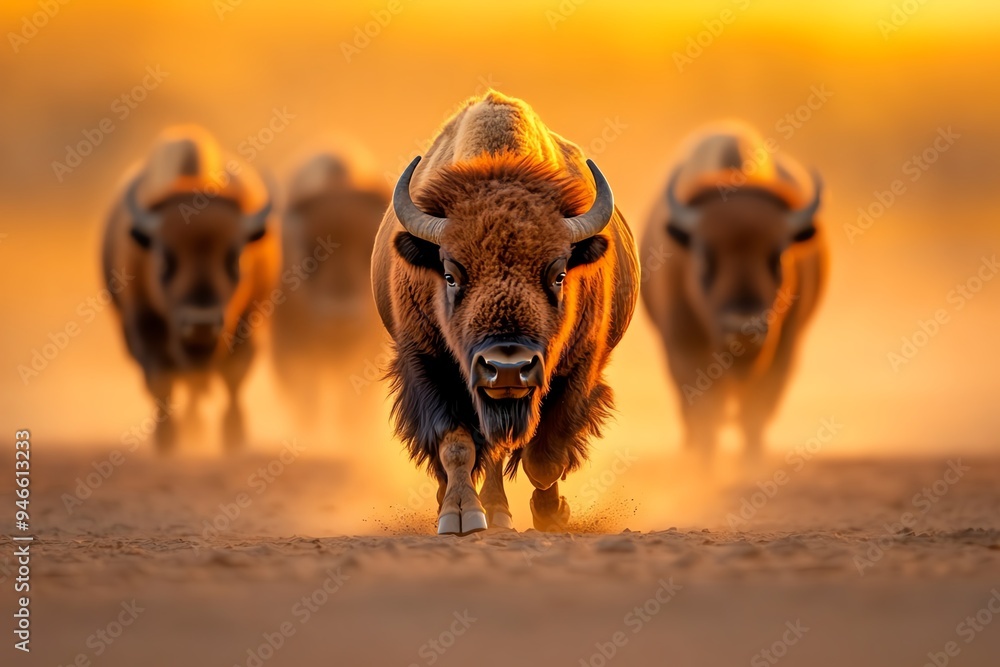 Bison herds moving together across the landscape, captured in a dynamic ...