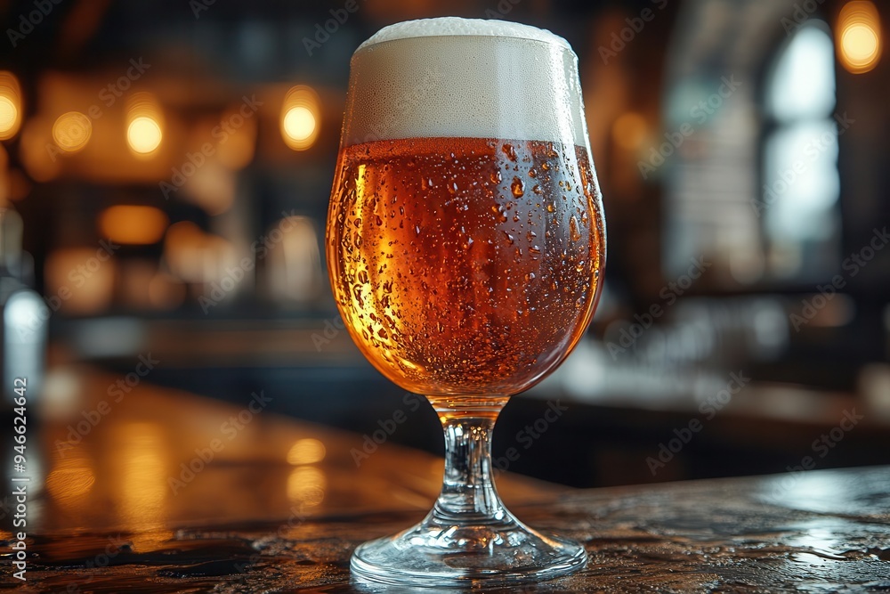 artisanal beer glass showcasing a golden lager with perfect foam head ...