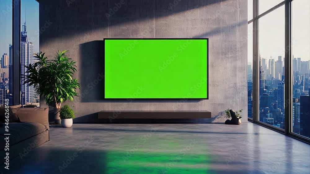 Pushing towards huge wall TV with chroma key green screen in a bright ...