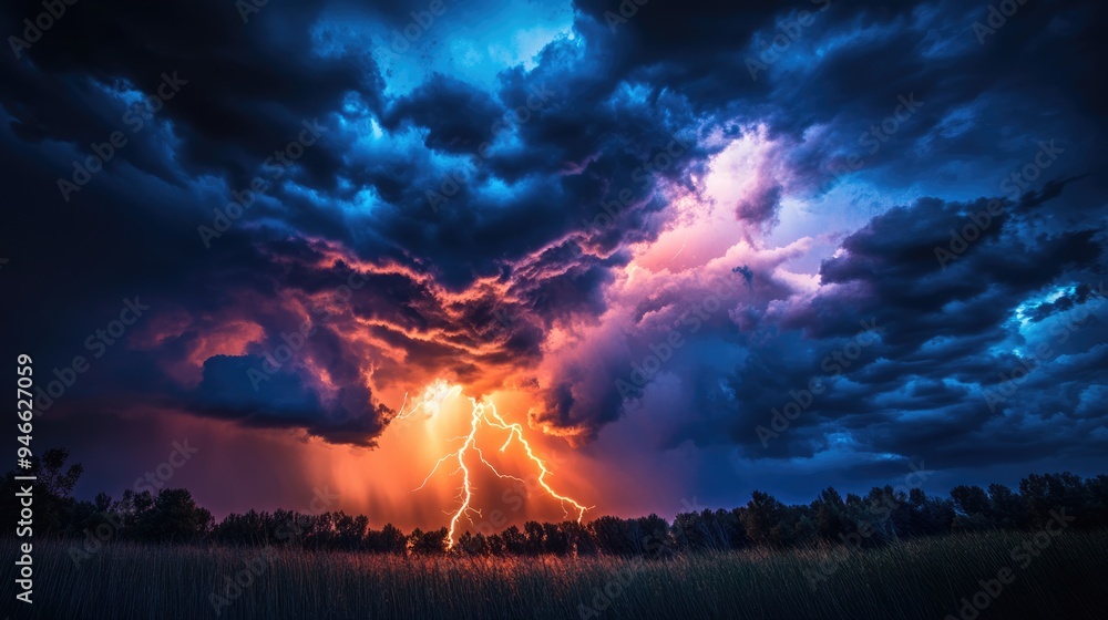 Powerful lightning strike with dark red and blue storm clouds above ...
