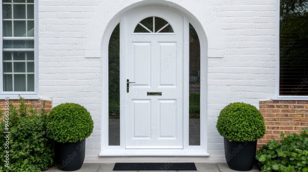 Classic white PVC door with arched glass panels and elegant detailing ...