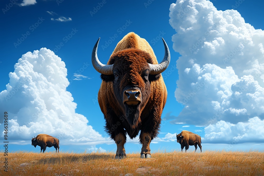 Bison roaming the wide horizons, depicted in a painting that captures ...