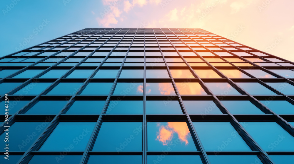 High-rise building with rows of PVC windows reflecting the sunset sky ...