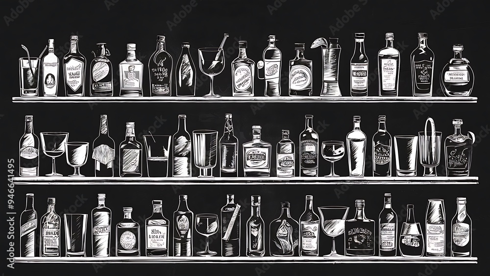Bottles of alcohol beverages in a bar on a shelf drawn in chalk on ...