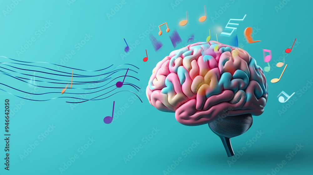 Human brain with vibrant melody wave and music notes, self care and ...