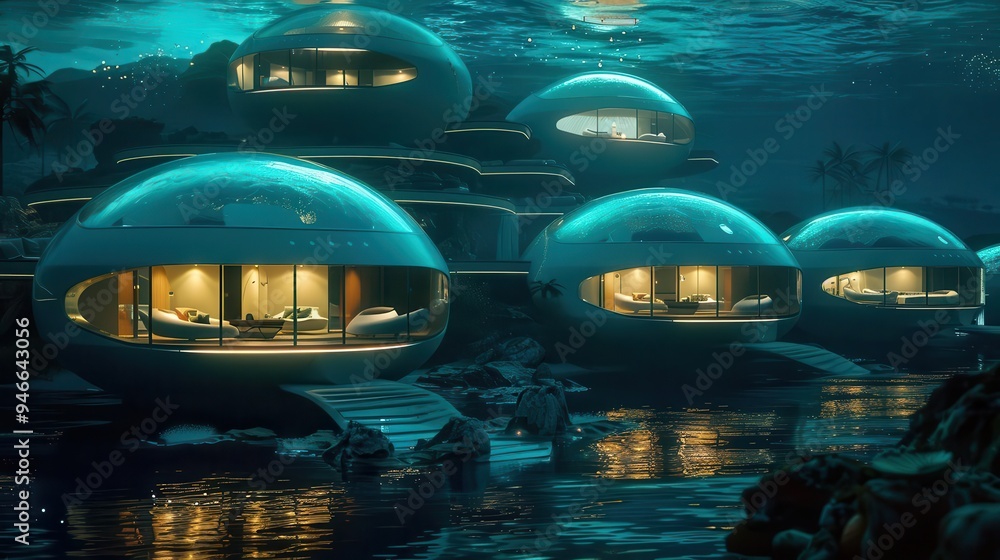 modular floating ecoresort bioluminescent ocean futuristic sustainable ...