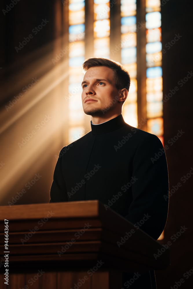 Priest giving a sermon at the pulpit sunlight streaming through stained ...