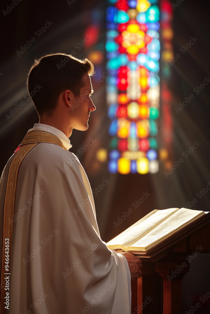 Priest giving a sermon at the pulpit sunlight streaming through stained ...